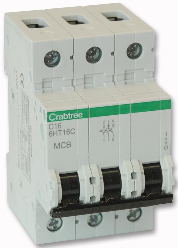 16A TRIPLE POLE MCB C CURVE 10KA , CRABTREE , 6HT16C – Rapidwarehouse
